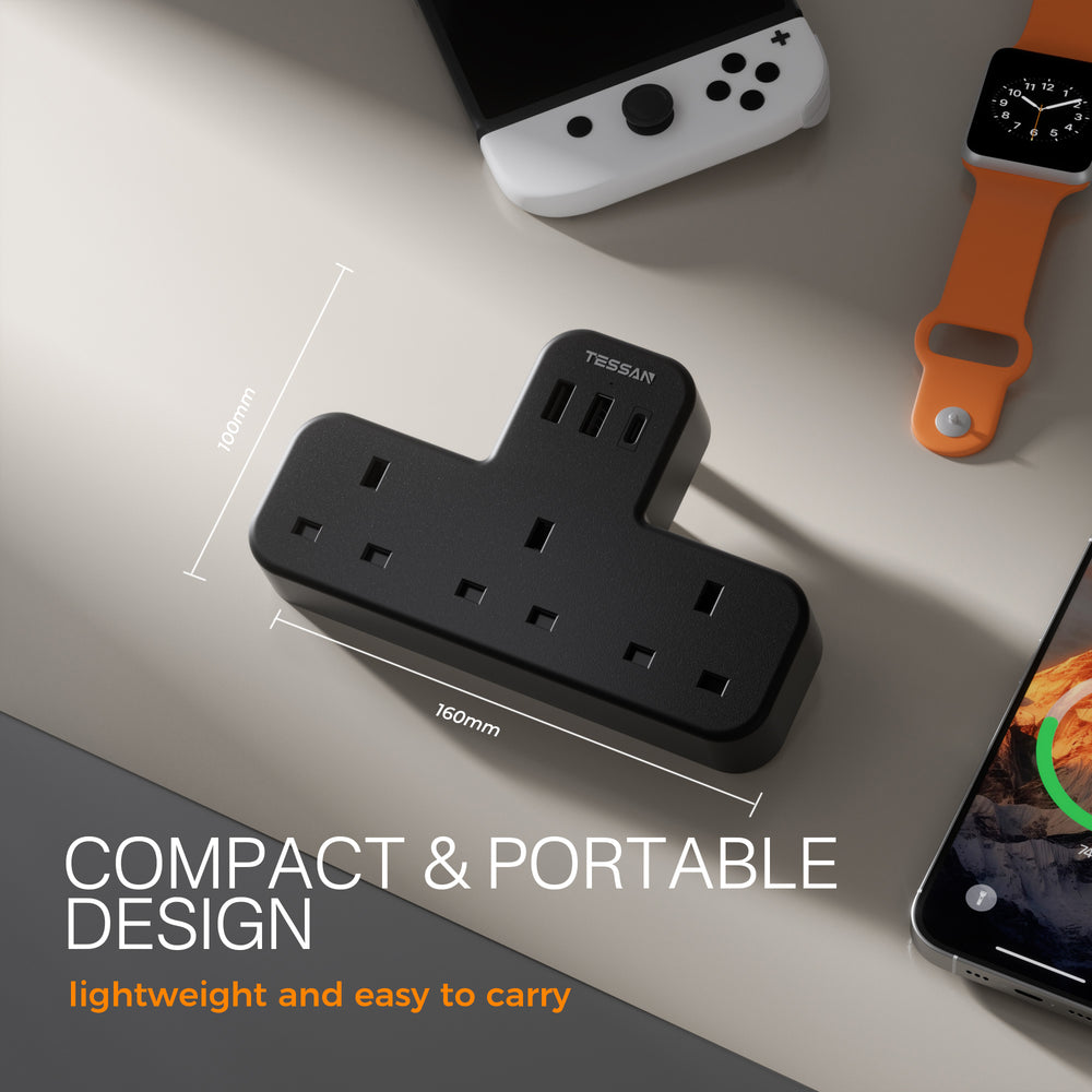 TESSAN - Safety Mark Extension Wall Plug with 3 AC Outlets , 2 USB-A a ...